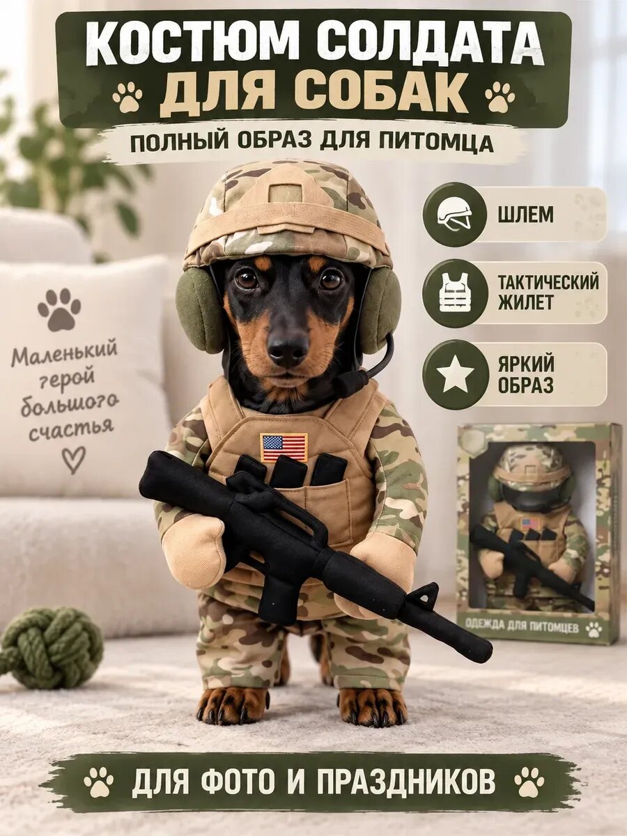 Костюм солдата для собак с шлемом и игровым аксессуаром