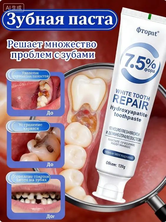 Паста для ухода за полостью рта на основе 7,58 гидроксиапатита, применяется против кариеса и устранения несвежего