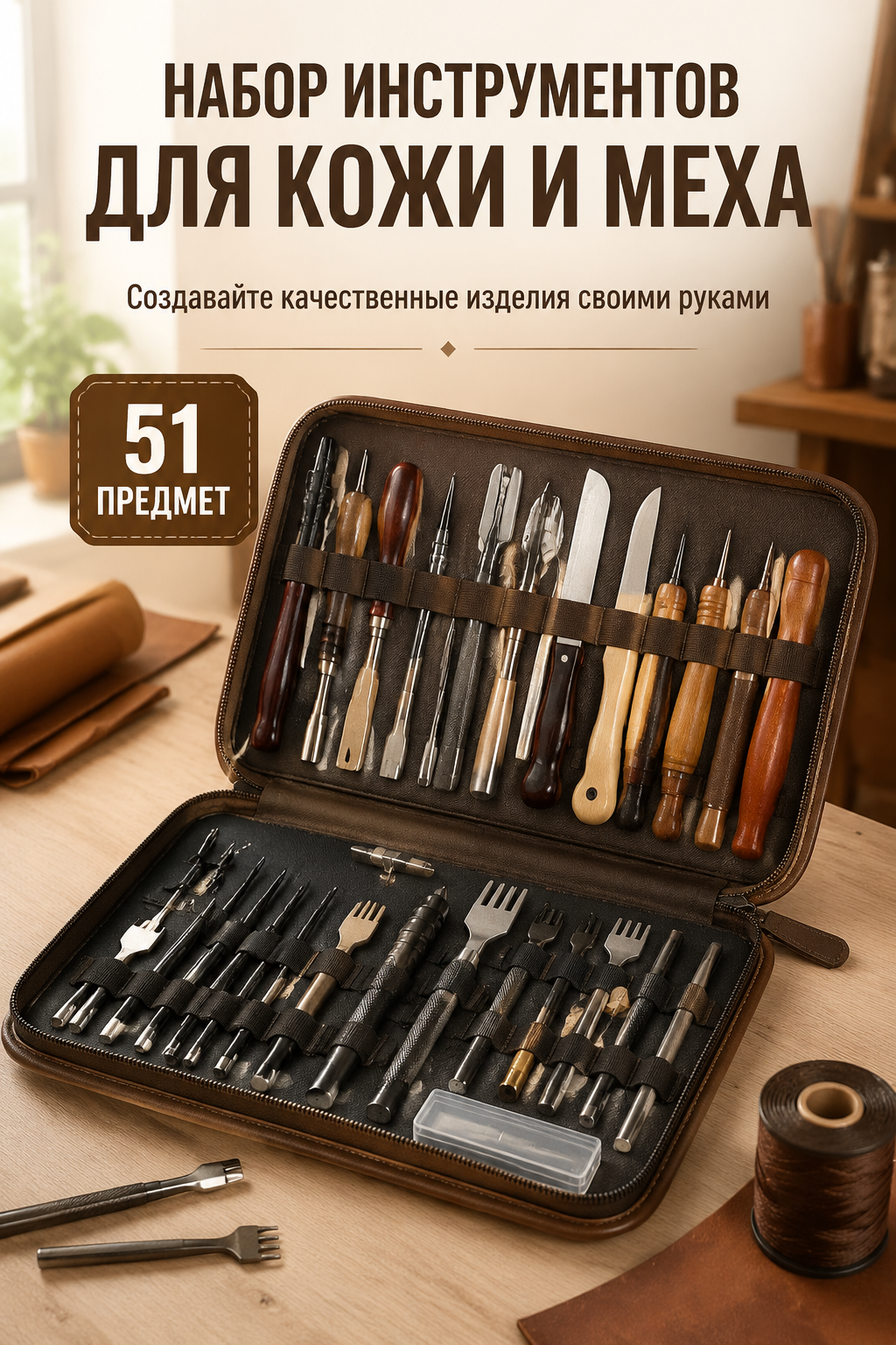 Набор инструментов для кожи и меха, 51 предмет, с футляром