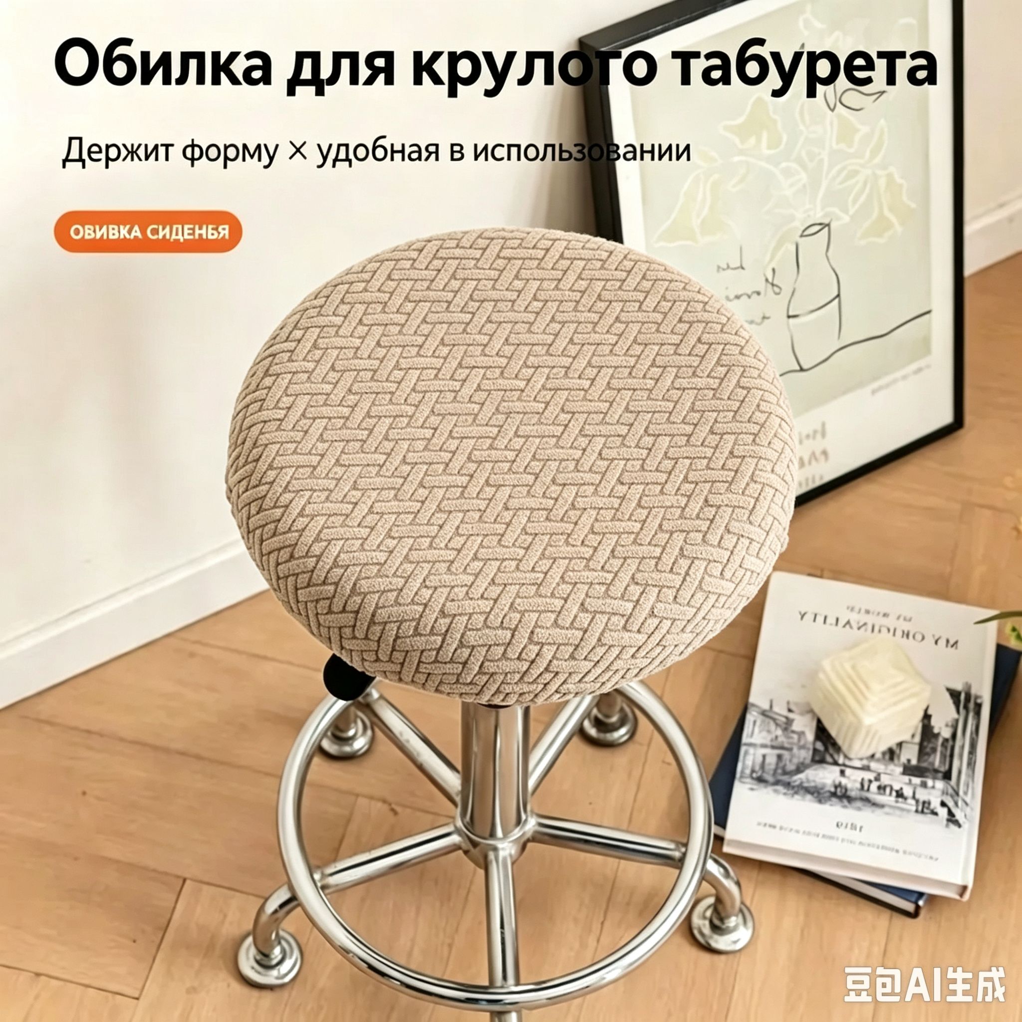 Чехол на мебель для табурета 30x36 см на резинке полоски темно-бежевый