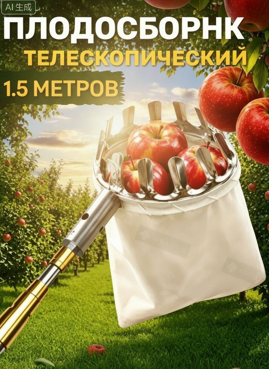 Плодосборник телескопический для яблок нержавеющая сталь 1 штук, длина до 1,5 м, съемный мешочек