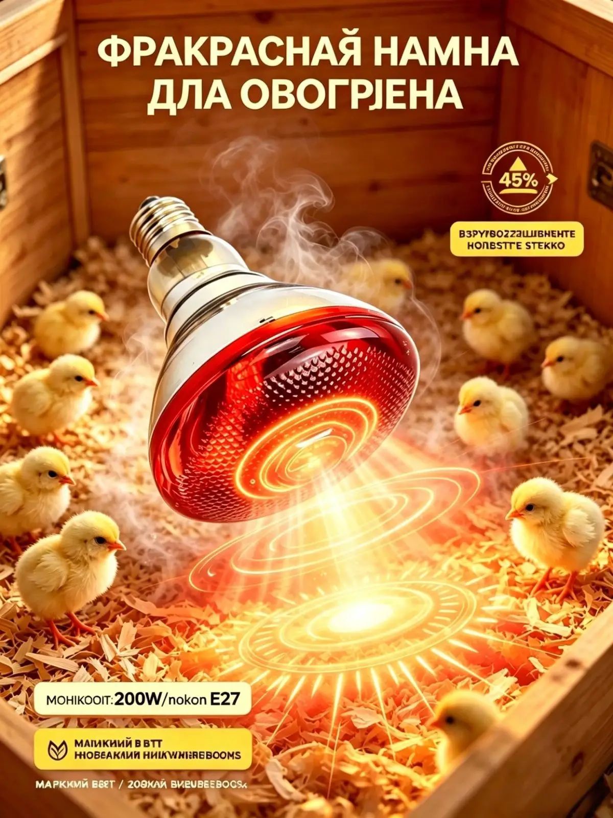 Инфракрасная лампа для курятника цыплят птиц животных 200W цоколь E27, 1 шт / Инфракрасная лампа для обогрева