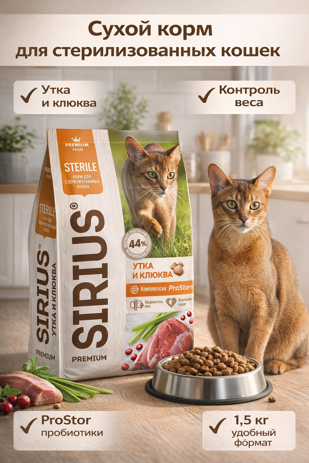 SIRIUS сухой корм для стерилизованных кошек с уткой и клюквой, 1,5 кг