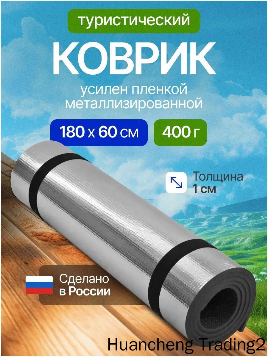 Коврик туристический с фольгой, серый,180х60х1 см. Походный, теплый, армейский, для охоты и рыбалки