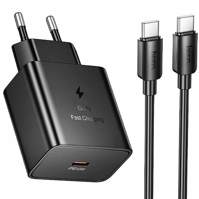 Адаптер питания USB-C 3.0А + кабель USB-C 1м Hoco N77 Black PD 45W GaN быстрая зарядка - черный