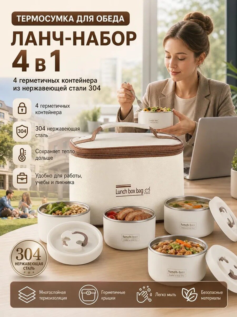Термос 2 л из нержавеющей стали с контейнерами, изоляционным мешком и крышкой, светло-серый