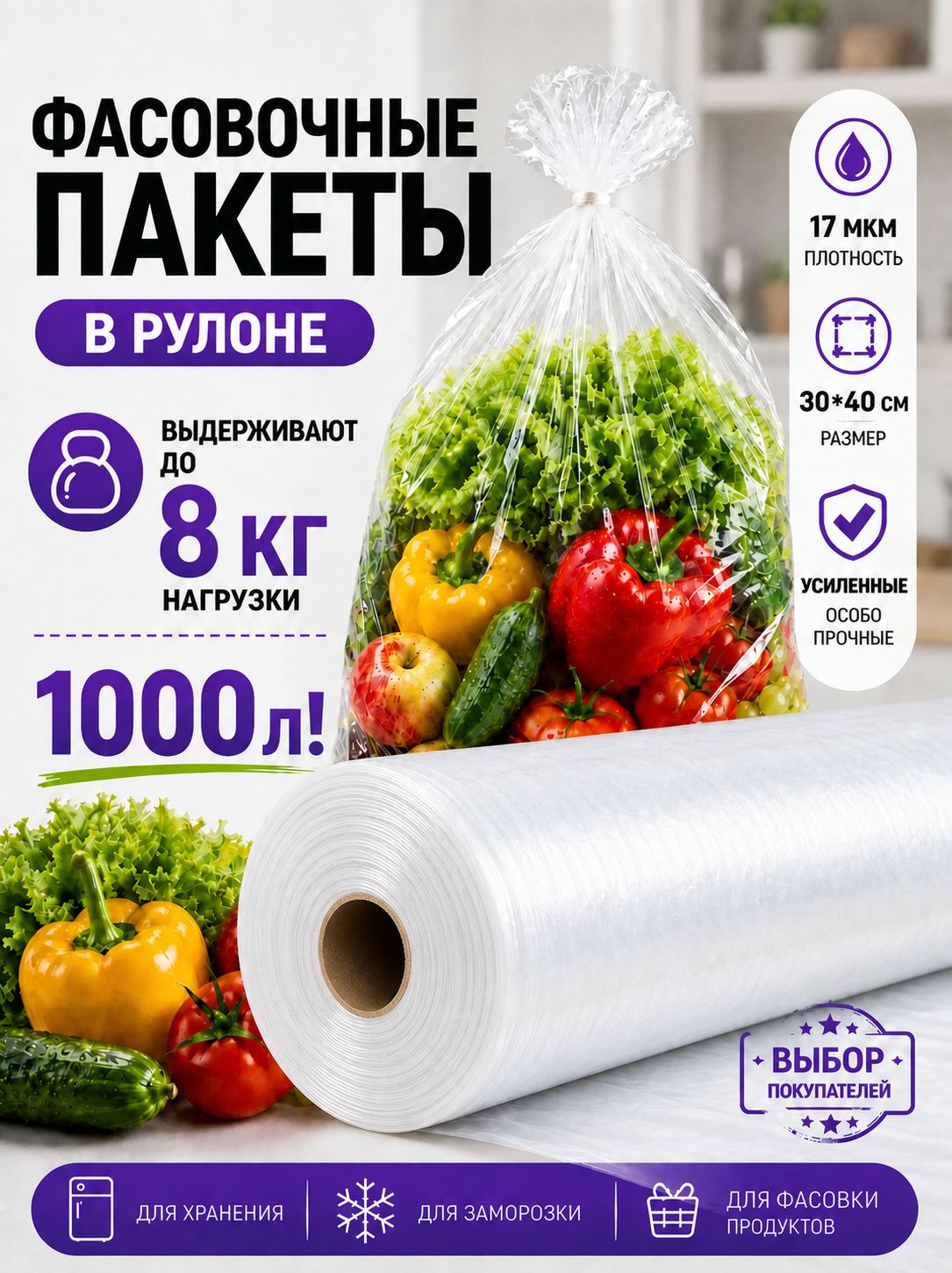 Пакеты фасовочные в рулоне прозрачные 30x40 см, 17 мкм, прочные для хранения продуктов, упаковки блюд и кухонного исполь