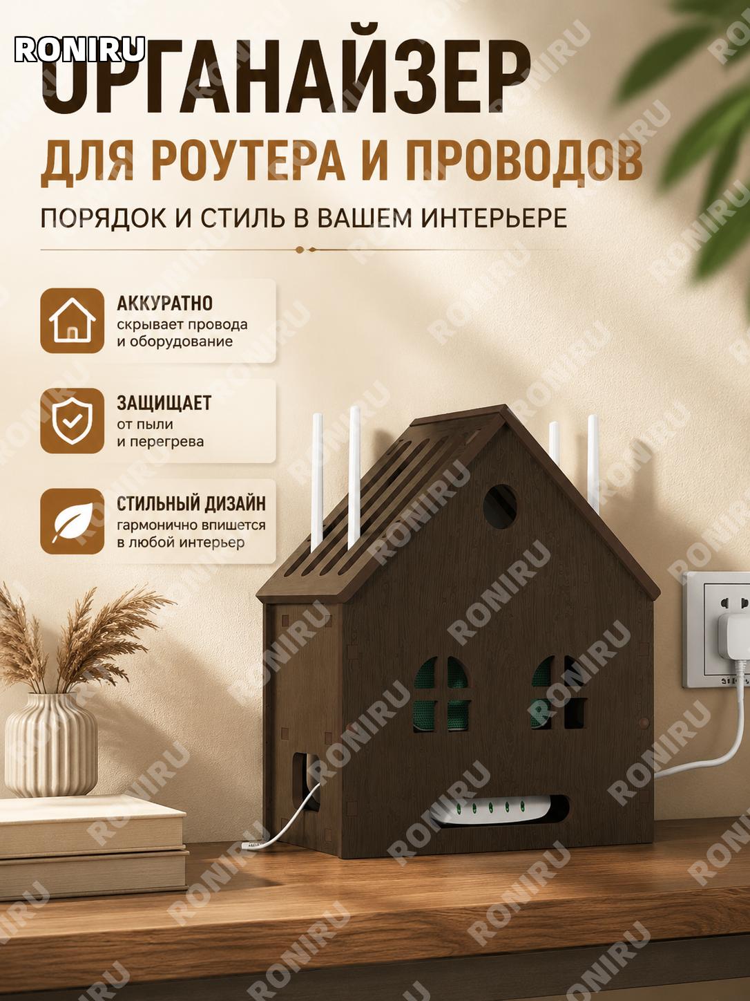 Короб для хранения роутера домик цвет орех, пластиковый органайзер для кабелей и приставки на стол в гостиную!