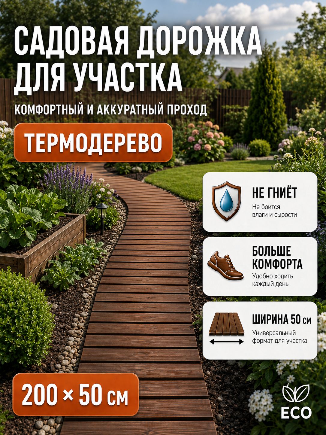 Гибкая садовая дорожка из термодерева 200*50см