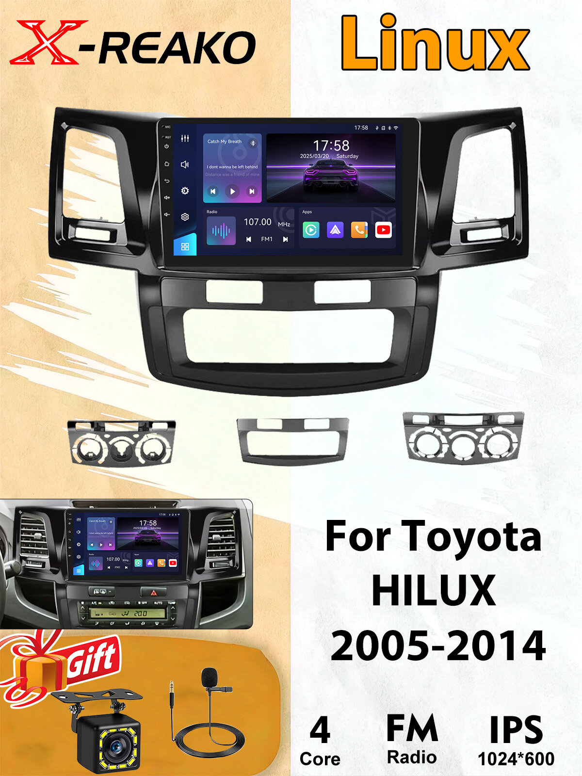 Магнитола 9 дюймов для Toyota Hilux 2011-2015 /Тойота Хайлюкс Carplay, IPS экран W-Fi BT