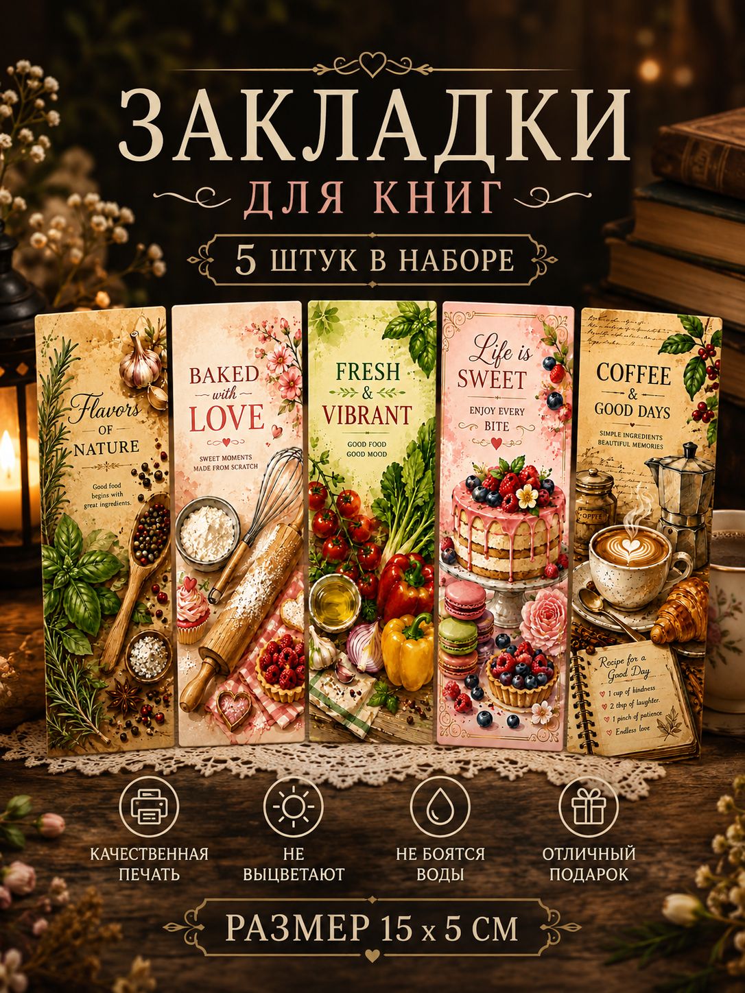 Набор ламинированных двусторонних закладок 5 шт Кулинария