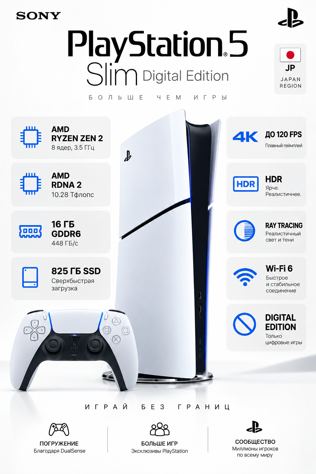 Игровая приставка Sony PlayStation 5 Slim Digital Edition, без дисковода, 825 ГБ, без игр, белый, версия JP