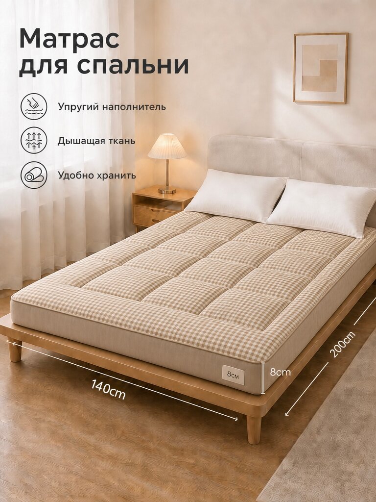 Утолщённый складной матрас для дома и дачи, размер 200x140 см, 8 см, цвет коричневая клетка