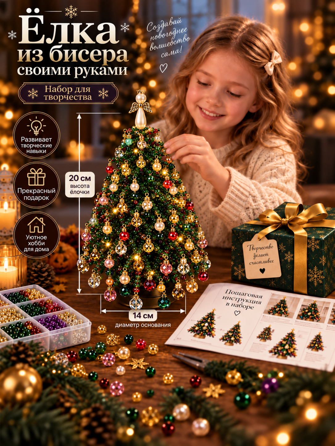 Елка из бусин и бисера DIY с подсветкой, елка из бисера своими руками