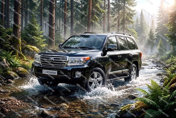 "Toyota Land Cruiser 200, движущийся по лесной речке". 42х59 см. Плакат А2_010.