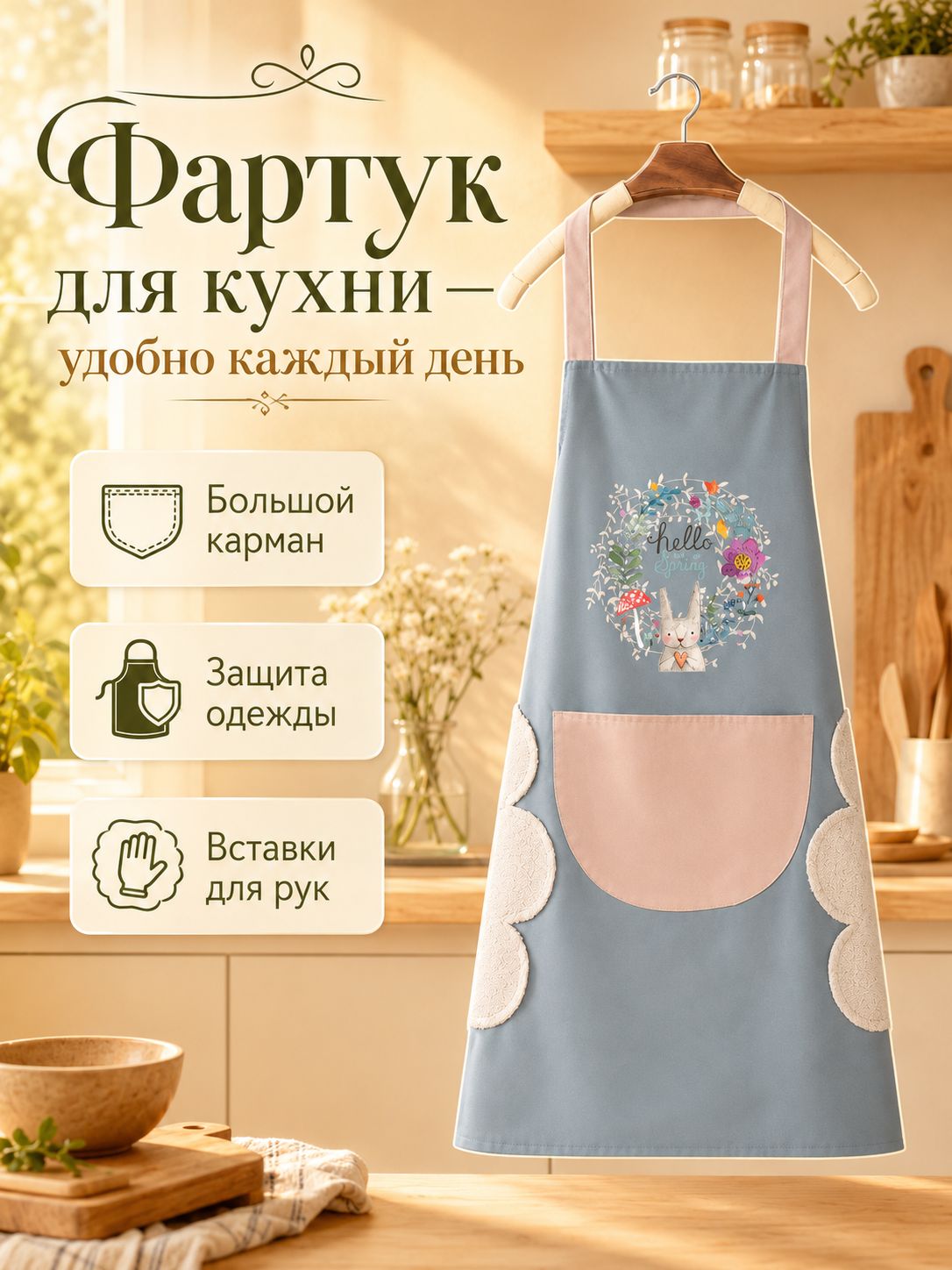 Фартук кухонный с карманом, непромокаемый передник для готовки и выпечки