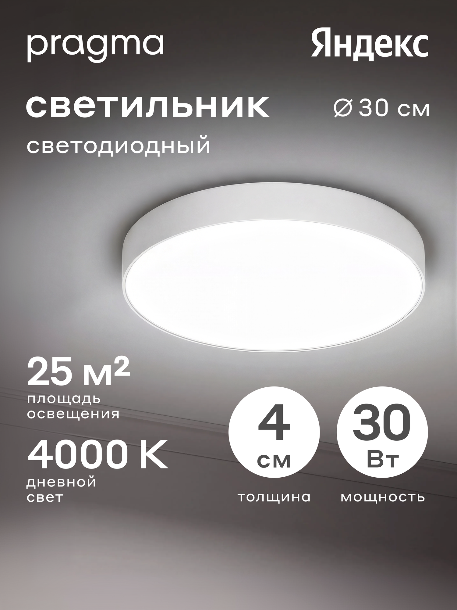 Pragma Tinsu Светильник потолочный светодиодный, 30 Вт, круглый, 300 мм, IP44, белый, нейтральный свет, 4000K