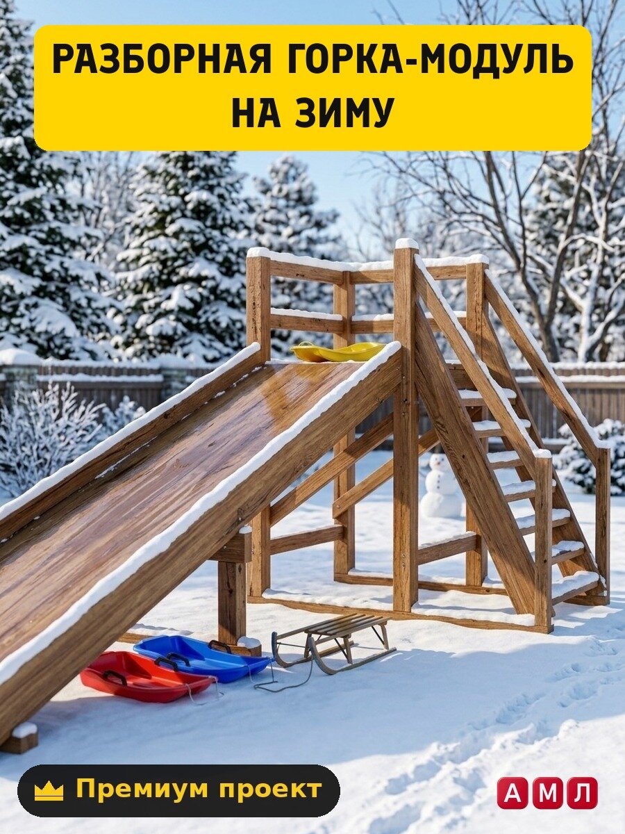 Премиум проект чертеж Снежная горка: Разборная горка-модуль на зиму построить своими руками - скачать и распечатать чертежи с размерами, пошаговая и поэтапная схема сборки 3D