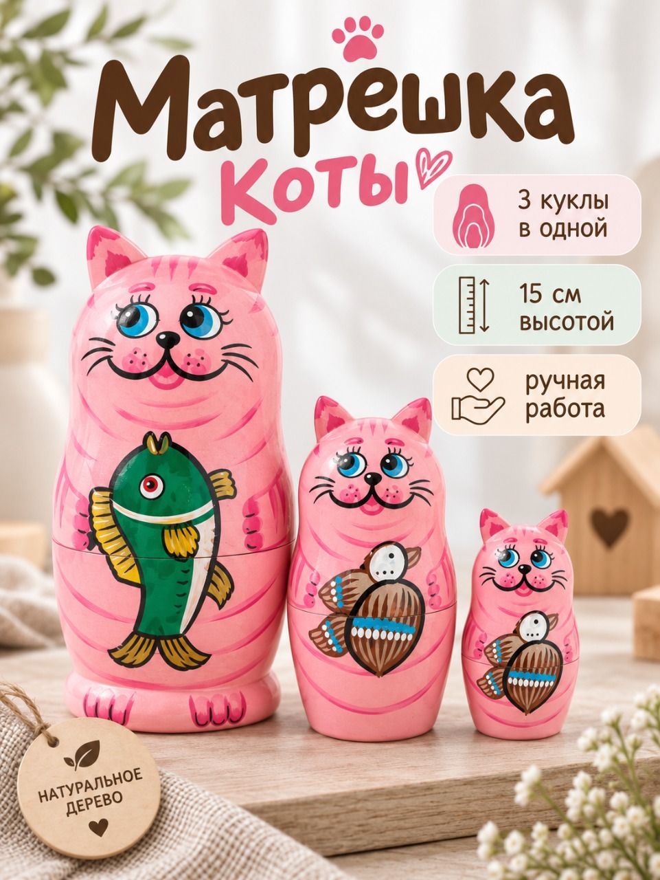 Ажна Матрешка-животное "Кот с рыбой" 3 места 15 см сувенир