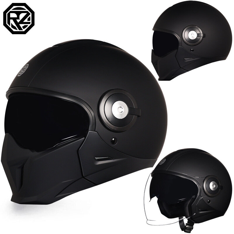 Мотоциклетный полушлем Orz Retro Helmet Winter Black Warrior Combination Helmet для мужчин и женщин, черный круизер 653S