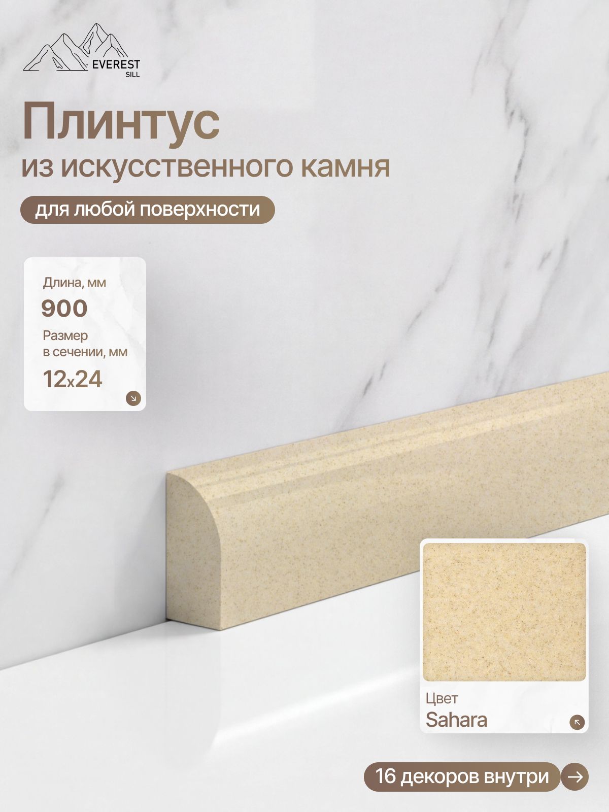 Плинтус-наличник из искусственного камня сечение 12x24 мм, длина 900 мм, Sahara