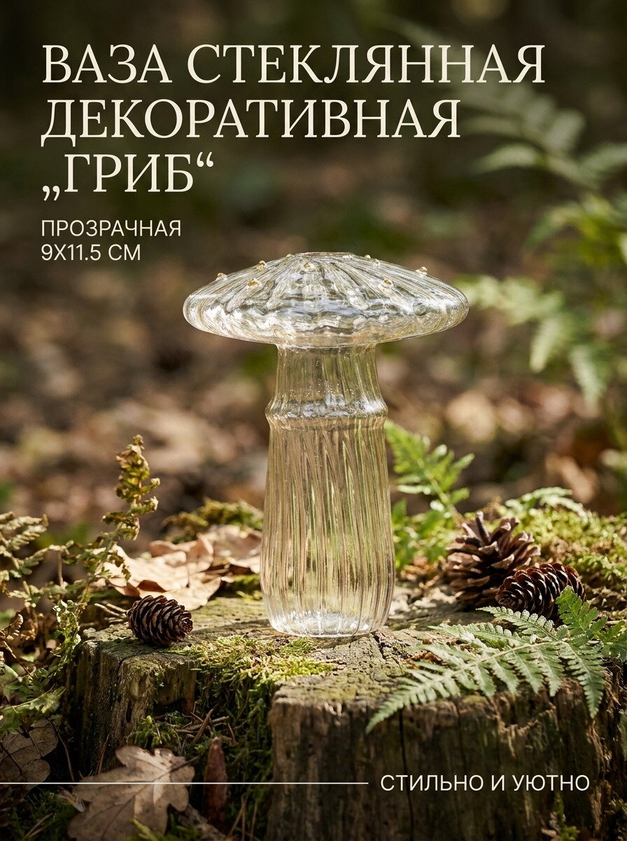 Ваза стеклянная декоративная Гриб , прозрачная, 9х11.5 см, 1 шт