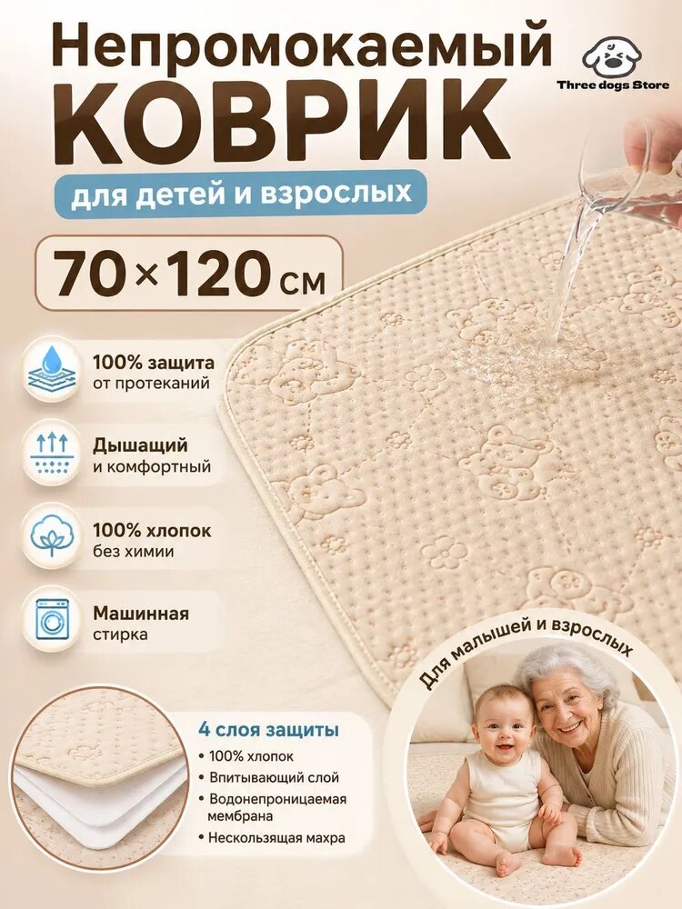 Эксклюзивная пеленка многоразовая влагонепроницаемая 70x120 см для детей и взрослых
