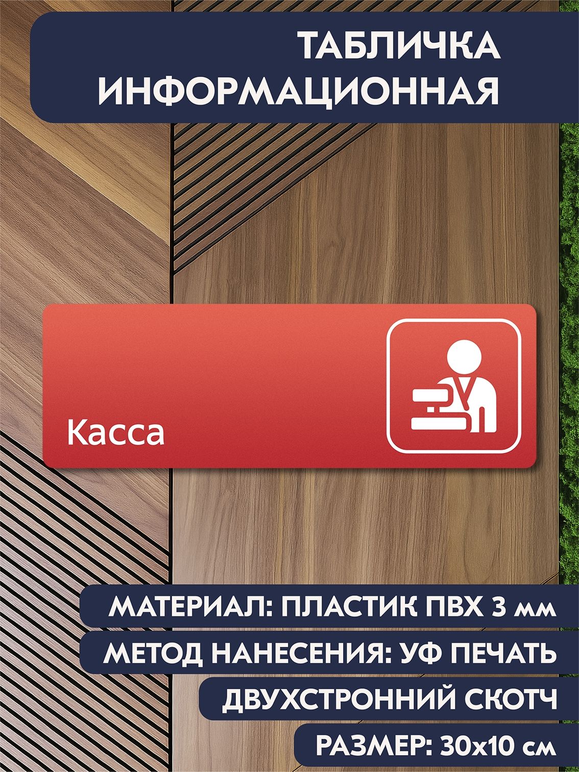 Табличка информационная "Касса красная, 300х100 мм, на дверь кабинета, офиса, магазина, отеля, кафе