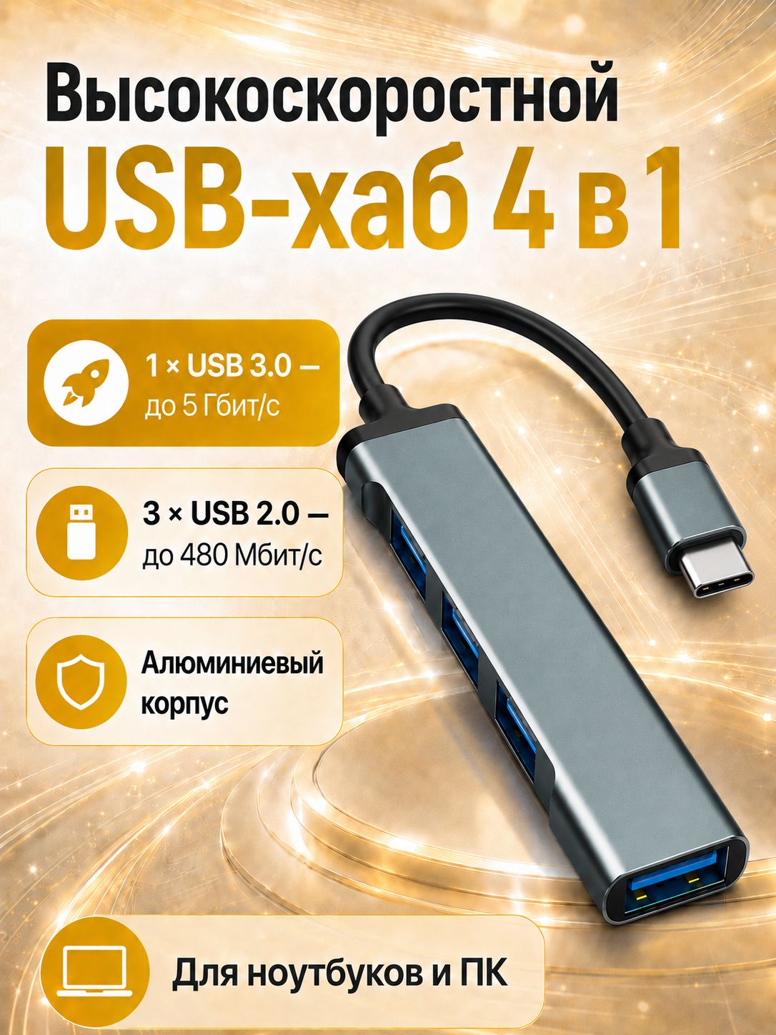 Usb Type c Hub 3.0 /Type-c концентратор USB 3.0/ разветвитель 4 в 1/ USB хаб для компьютера и периферийных устройств