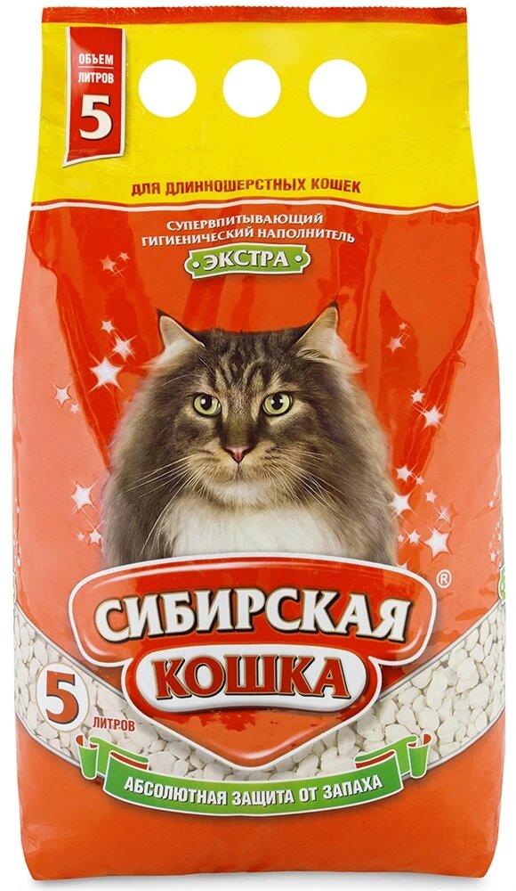 Наполнитель впитывающий бентонитовый Сибирская кошка для длинношерстных кошек Экстра 5л