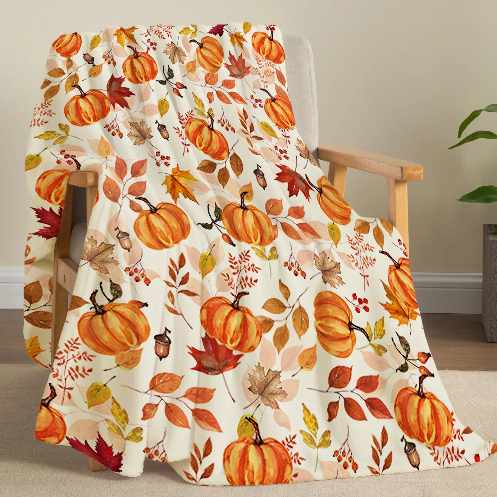 Фланелевый плед с принтом тыкв и кленовых листьев 75x100 CM