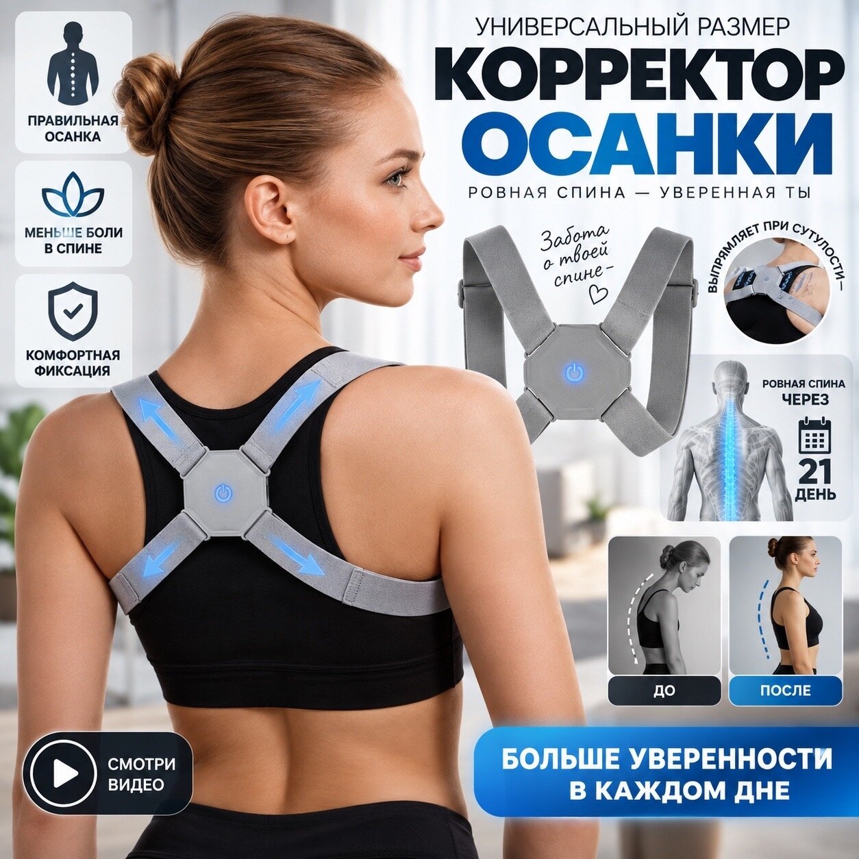 Умный корректор осанки, удобен в использовании дома, подходит для регулярных процедур ухода за телом
