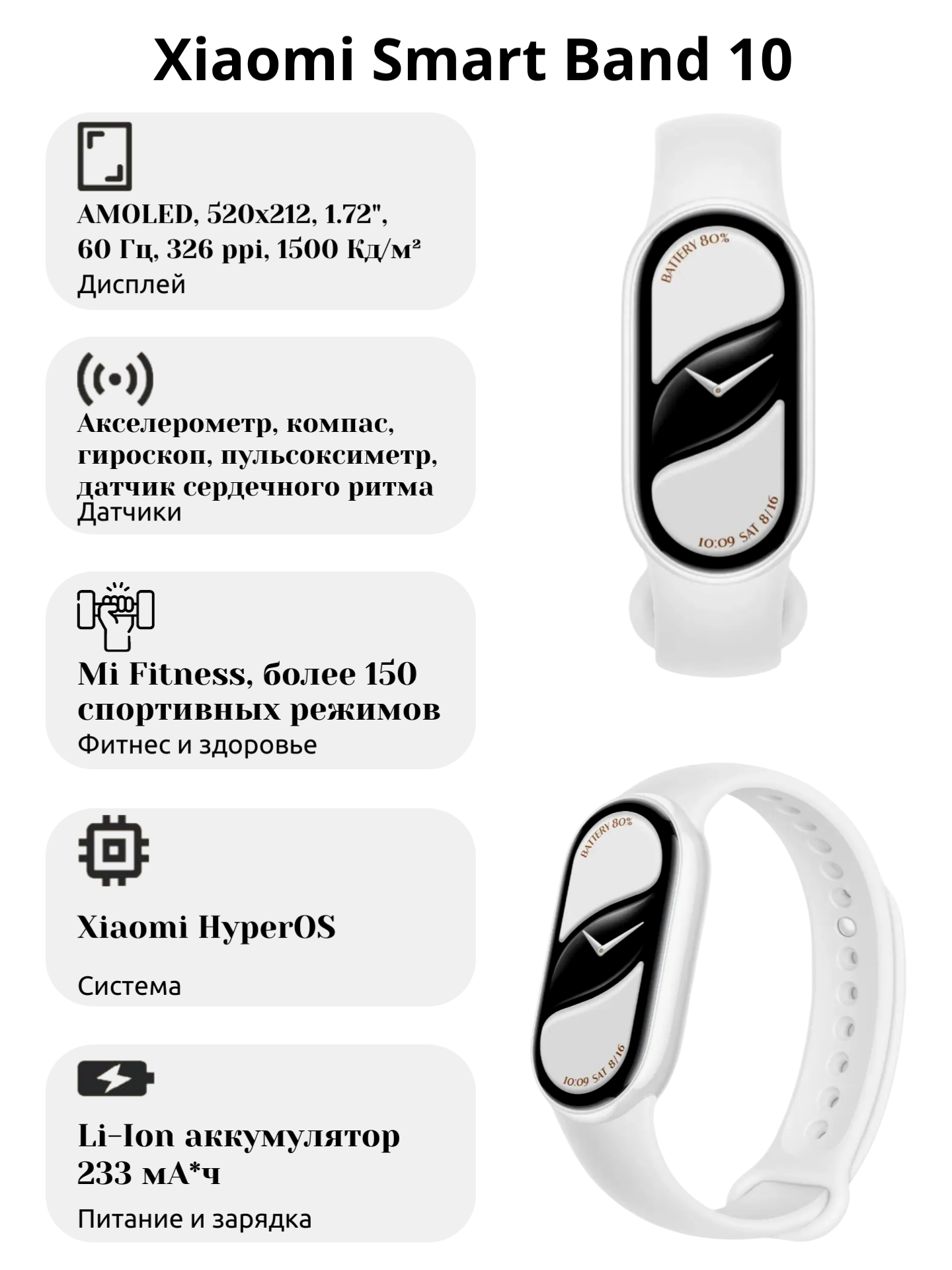 Фитнес-браслет Xiaomi Smart Band 10 Черный Ростест, IP68, дисплей 1.72" AMOLED