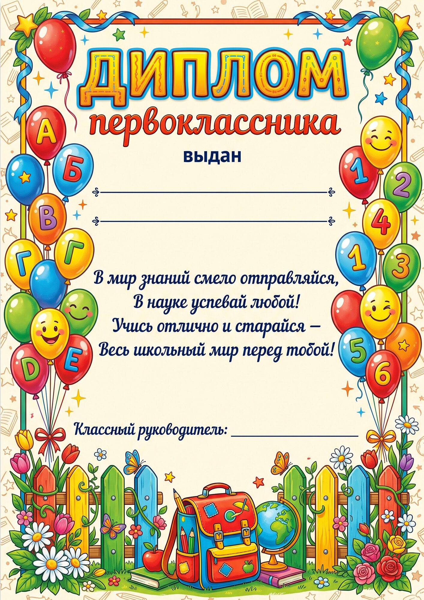 Диплом первоклассника "Яркий праздник" (Набор 5 шт. 230 г/м, глянец, А. Подарочная грамота ребенку с воздушными шарами на 1 Сентября и Посвящение в первоклассники