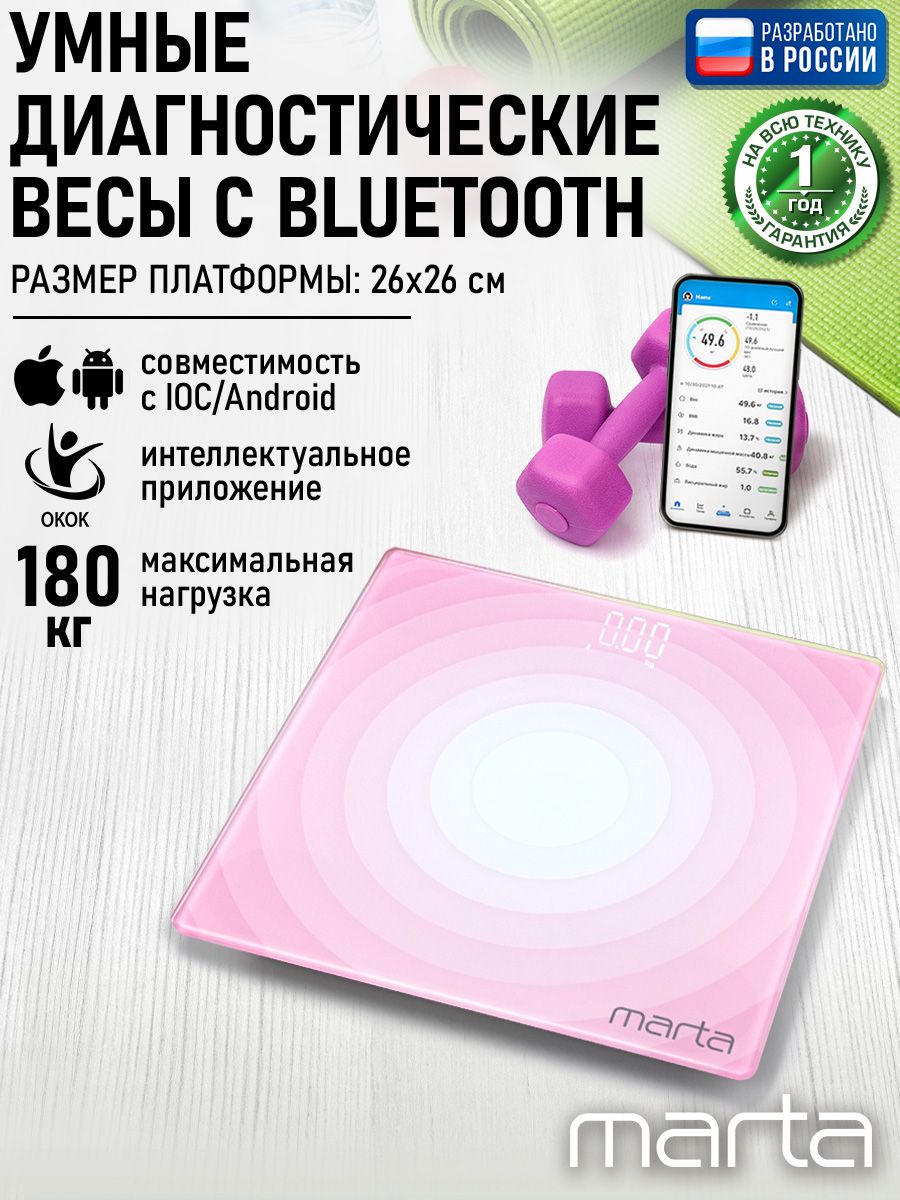 MARTA Умные весы напольные Smart Scale диагностические с синхронизацией IOS и ANDROID по Bluetooth, 26х26 см, розовый весы