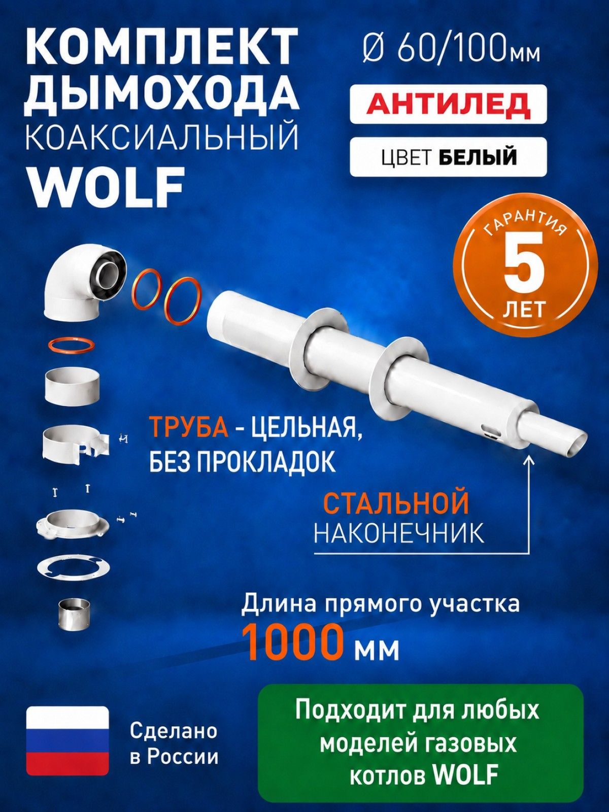 Коаксиальный дымоход 60/100 для газового котла Wolf (Вольф), комплект универсальный Антилёд, 1 метр, белый, горизонтальный сквозь стену, для котлов любой мощности и любой модели, Россия
