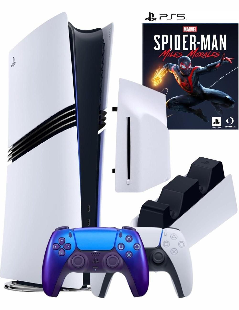 Игровая приставка Sony PS5 Pro + 2й геймпад синий хром+ игра Spider Man Morales + станция зарядки + дисковод
