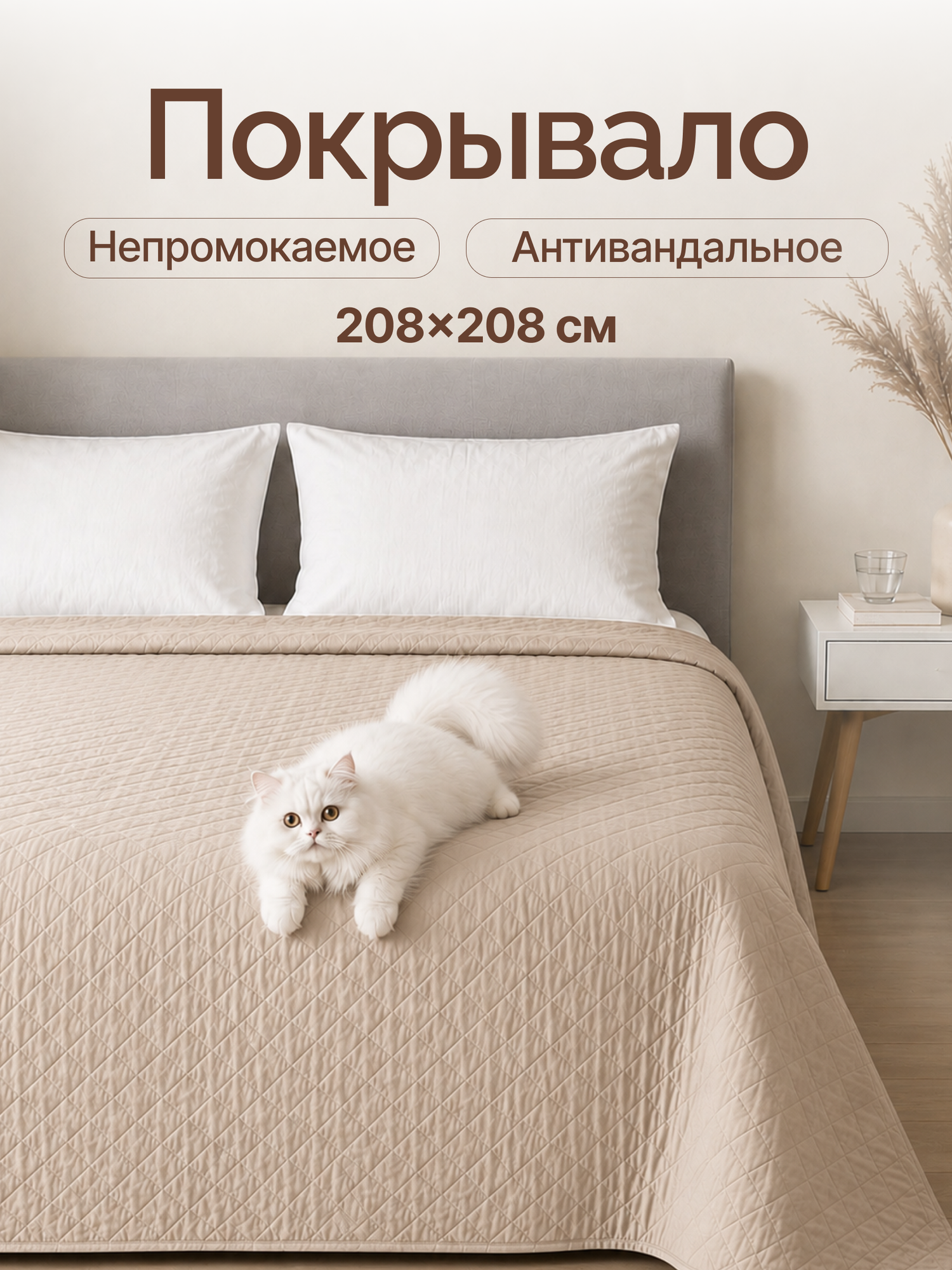 Покрывало "Непромокаемое", бежевое, нескользящее основание, размер 2,08x2,08 м.