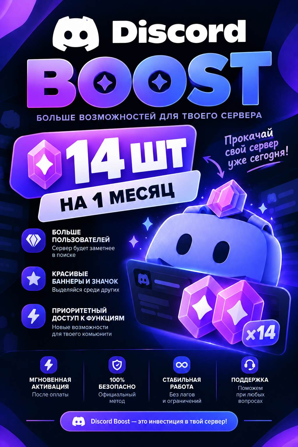 Discord Boost сервера | 14 бустов на 1 месяц (30 дней) \ Проапгрейди свой сервер