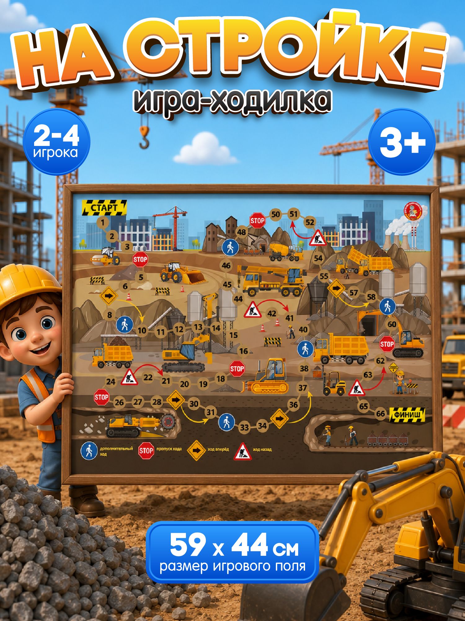 Игра ходилка настольная для детей, бродилка с кубиком и фишками "На стройке" ( для детского сада). Десятое королевство