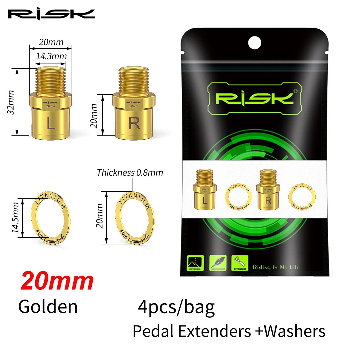Удлинители педалей RISK 20mm Golden Set