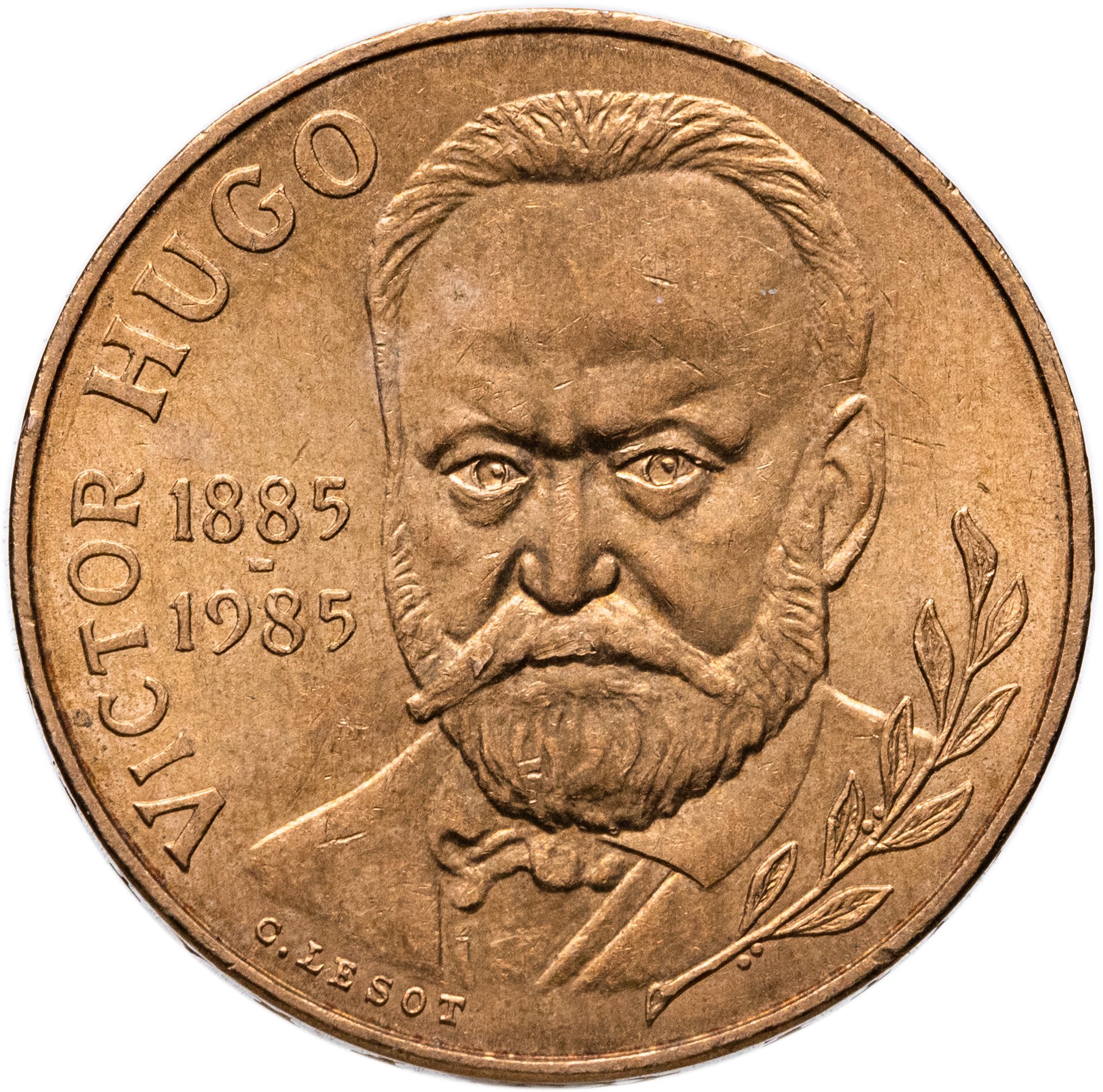 Франция 10 франков francs 1985 "100 лет со дня смерти Виктора Гюго", Латунь, в сохранности AU-UNC