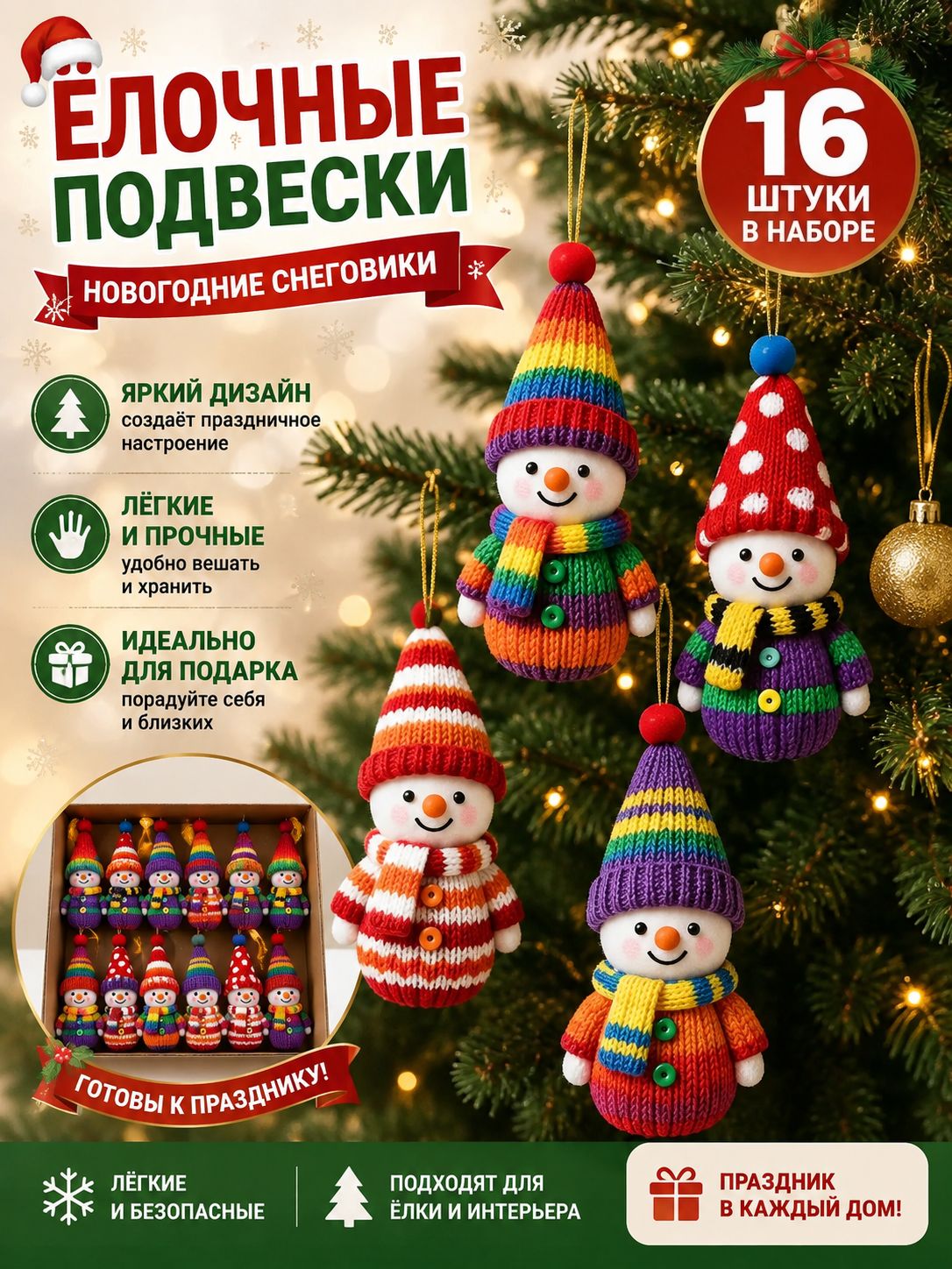 Елочные игрушки Снеговики, плоские деревянные подвески с ярким принтом