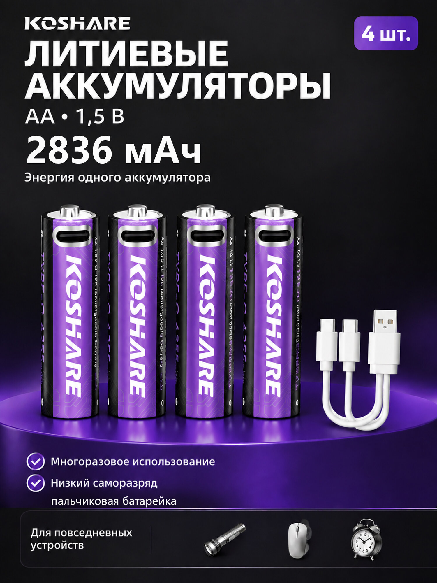 4 шт. Перезаряжаемые аккумуляторы Литий-ионные АА 1.5v емкость 4255 мВт·ч заряжаются через кабель USB Type-C.
