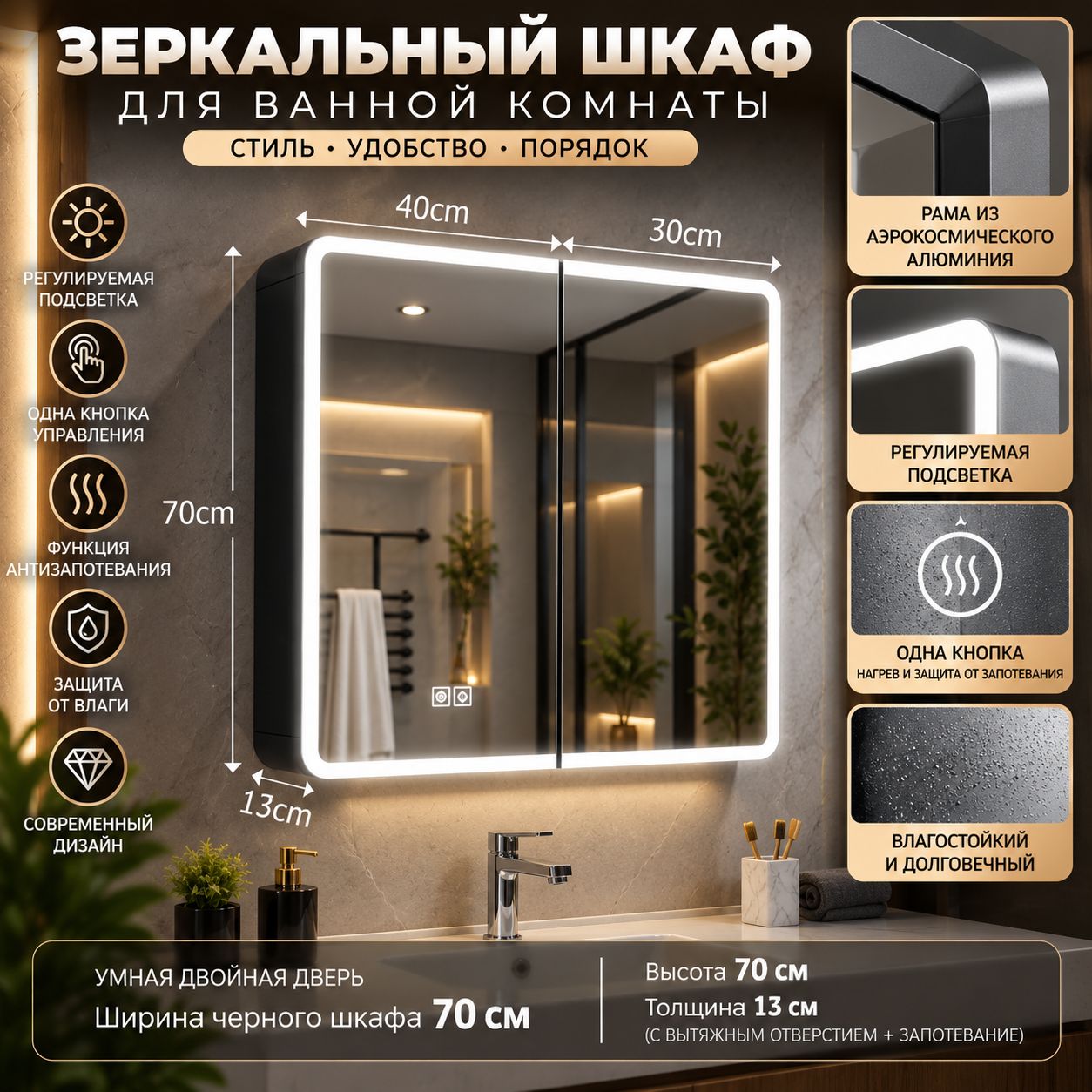 Алюминиевый зеркальный шкаф для ванной комнаты Smart Space ,65,70, серый металлик