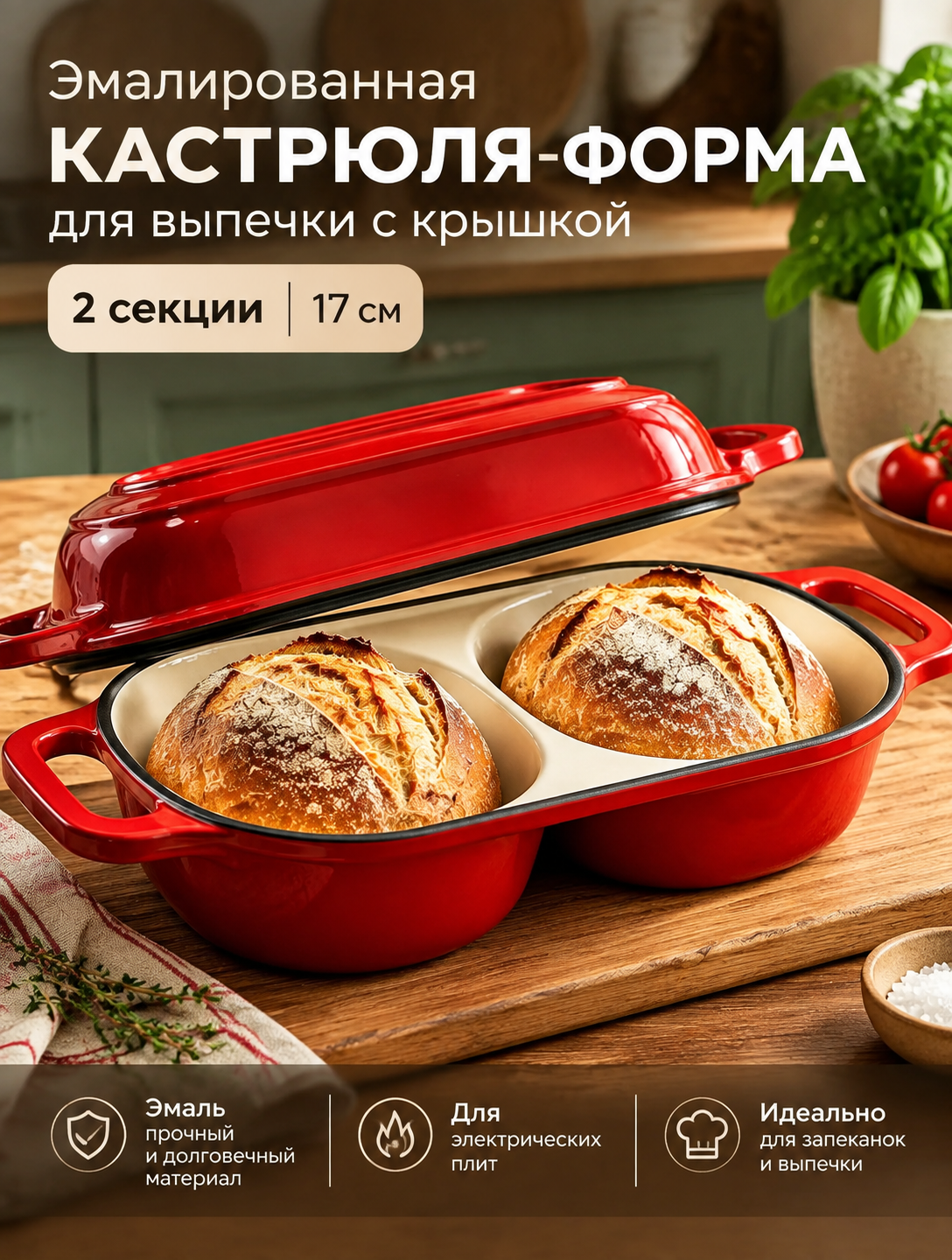 Эмалированная кастрюля-форма для выпечки с крышкой, 17 см, 2 секции