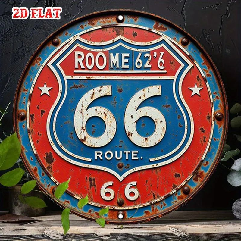 2D плоская металлическая табличка в винтажном стиле Route 66 ретро-декор для стен из алюминия с красно-синим дизайном, для гаража, кафе или столовой