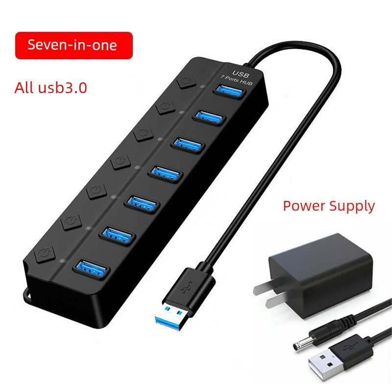USB 3.0 Хаб-адаптер с 1 портом USB 3.0 и 6 портами USB 2.0, длина кабеля 0.2 м, с источником питания и выключателем