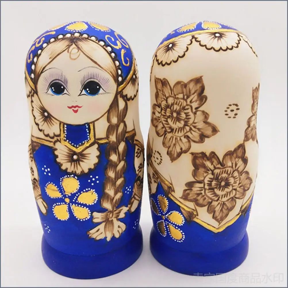 Матрёшка для девочки синего цвета, семь слоёв, традиционный узор