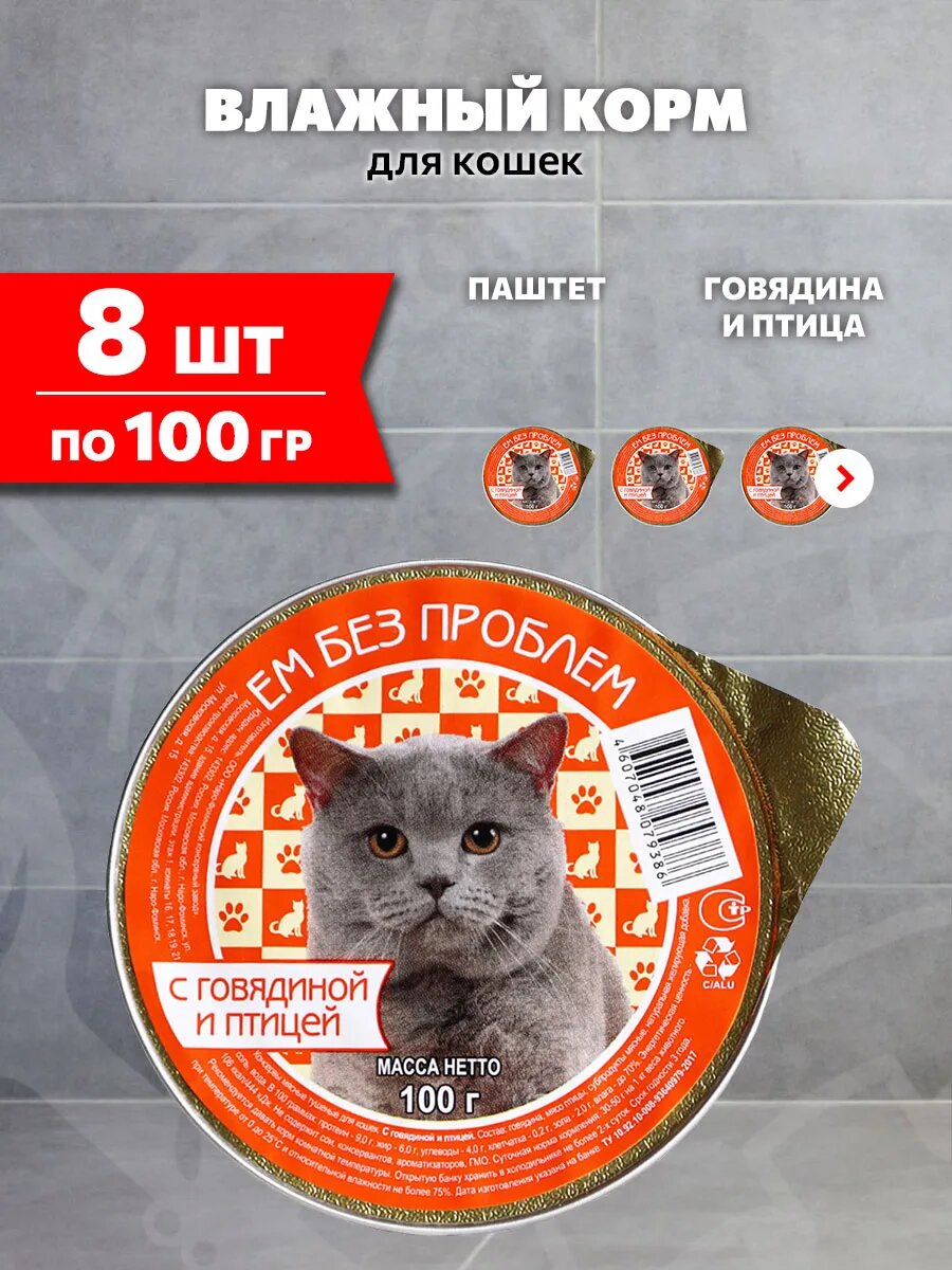 Корм влажный Ем Без Проблем для взрослых кошек, говядина, птица, 100 г 8 шт